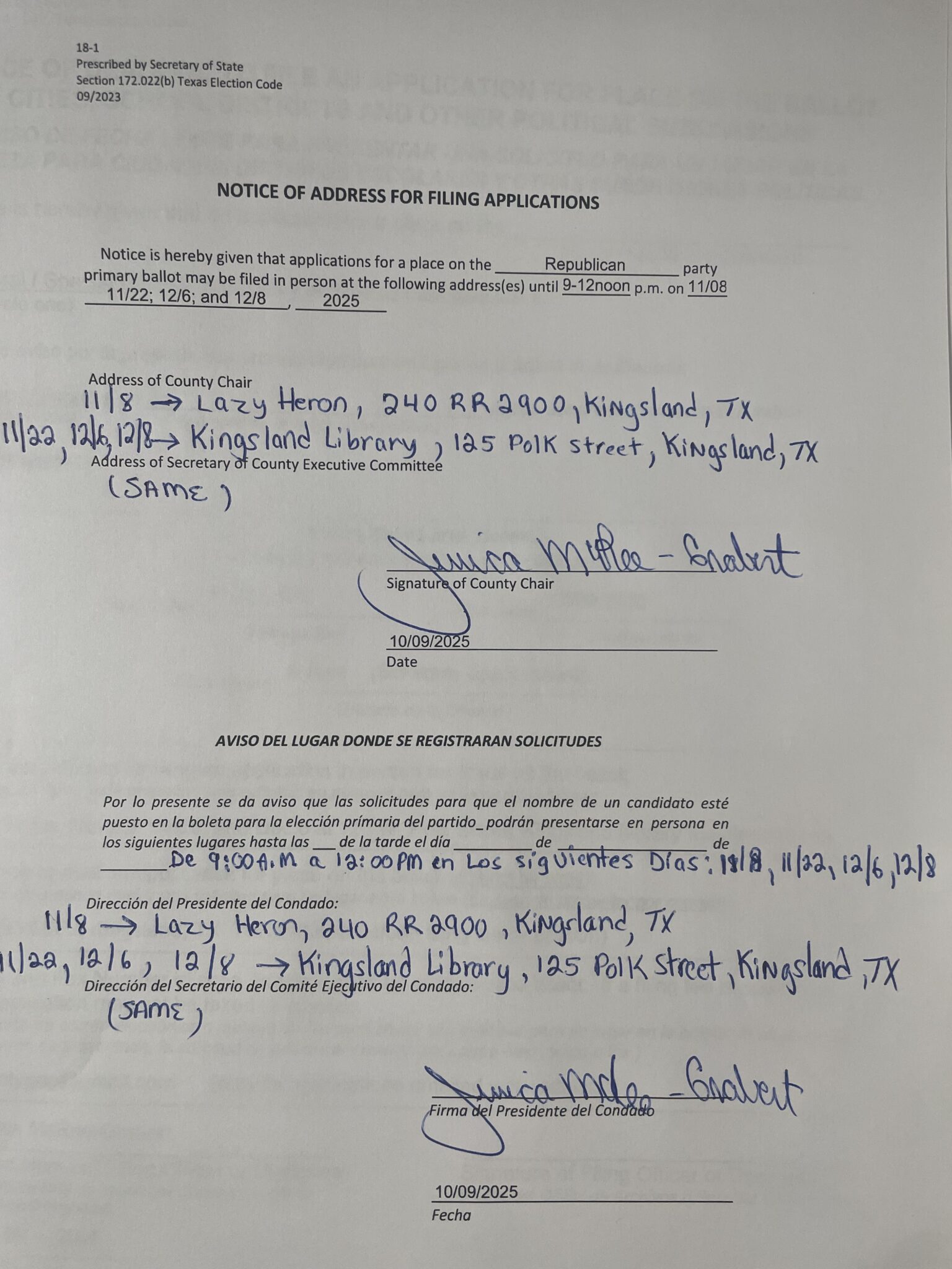 Notice of Address for Filing Applications - Llano County Republican Party