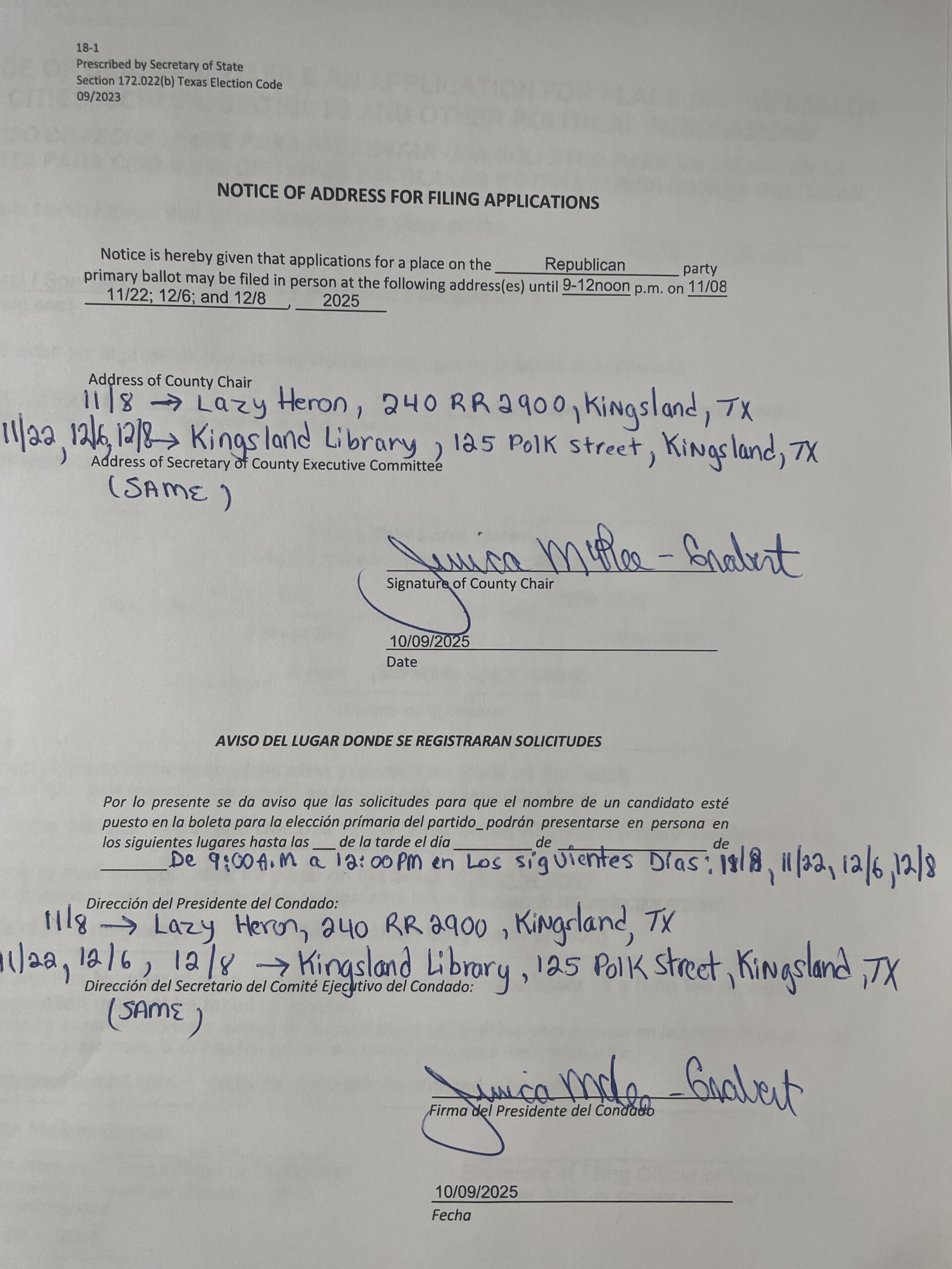 Notice of Address for Filing Applications - Llano County Republican Party